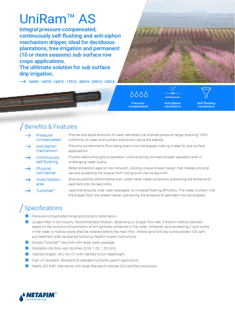 UniRam™ AS Dripper Specifications | PDF | Filtration | Water