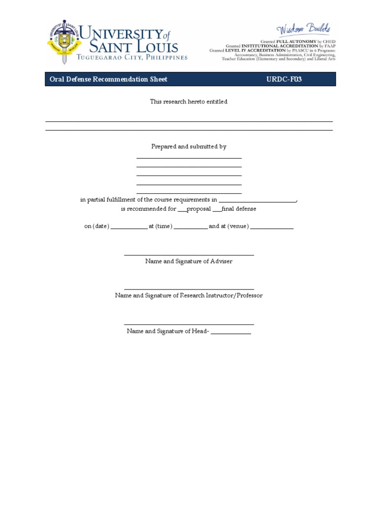 URDC-F03 Oral Defense Recommendation Sheet | PDF | Business