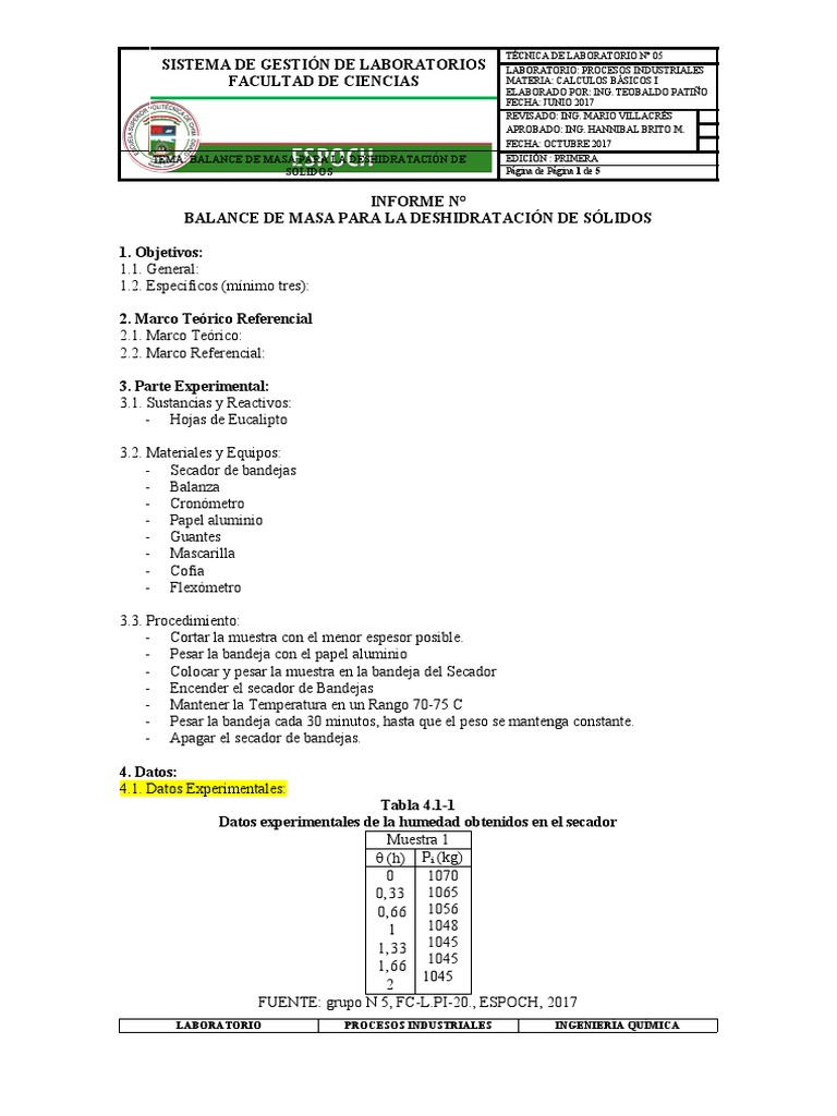 05 Balance de Masa para La Deshidrataci - N de S - Lidos | PDF | Laboratorios | Ciencias fisicas