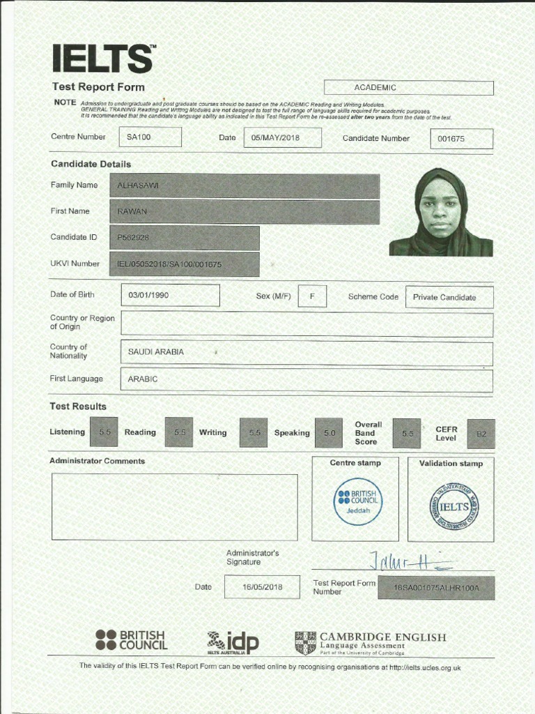 Rawan Hussein A Alhasawi - ILETS (UKVI) (Old) | PDF