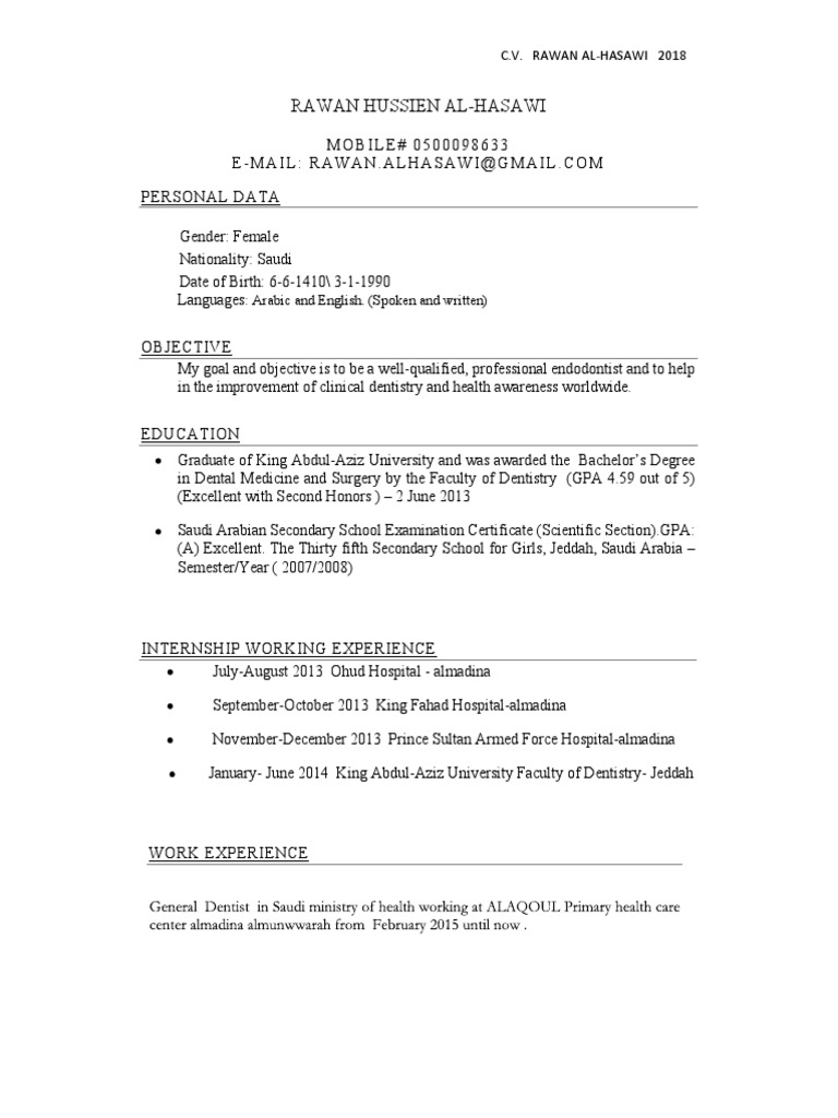 Rawan Hussein A Alhasawi - CV | Download Free PDF | Dentistry | Saudi Arabia