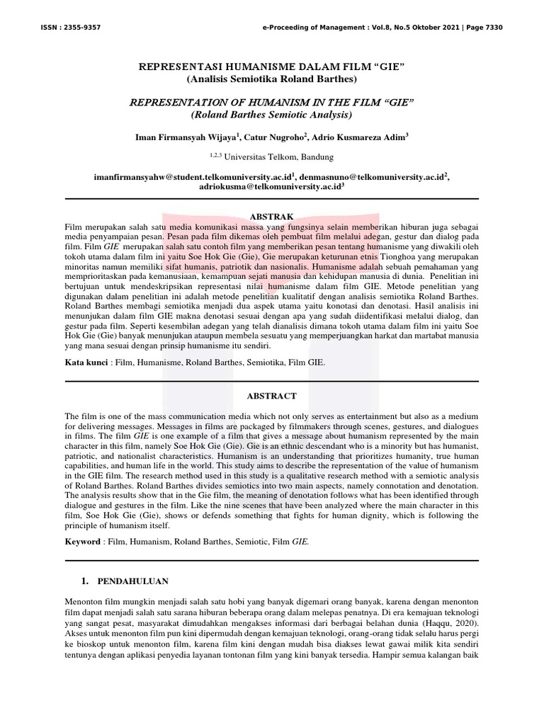 Representasi Humanisme Dalam Film Gie (Analisis Semiotika Roland Barthes) | PDF