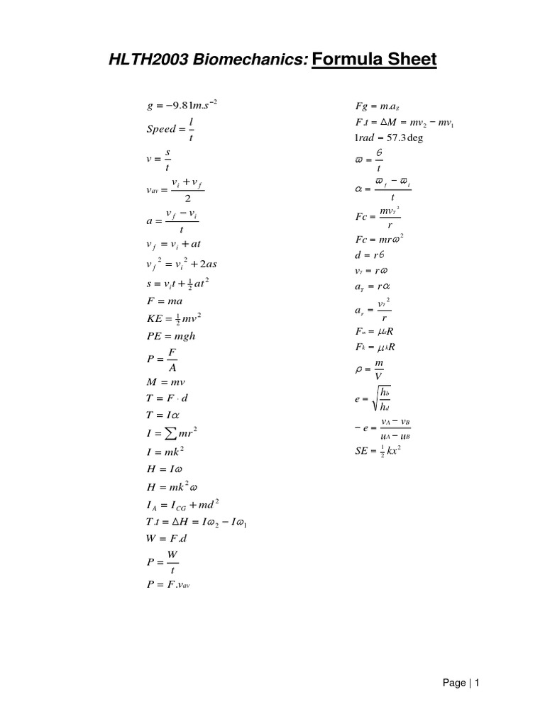 HLTH2003 - Biomechanics - Formula Sheet | PDF