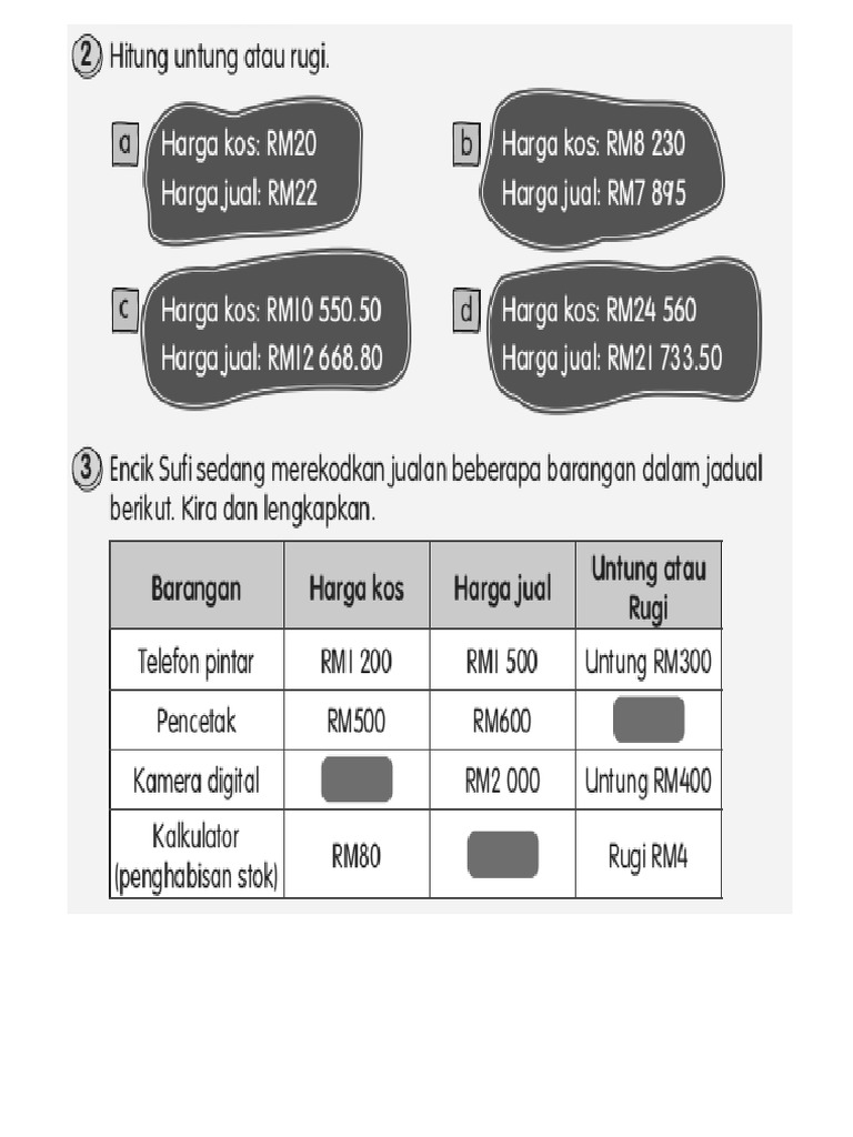 Latihan Harga Kos Harga Jual Untung Dan Rugi Tahun 6 | PDF
