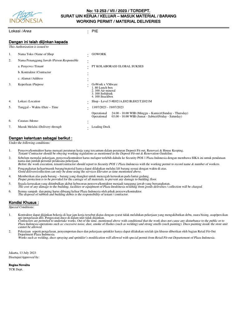 Surat Loading Plaza Indonesia | PDF | Teknologi & Rekayasa