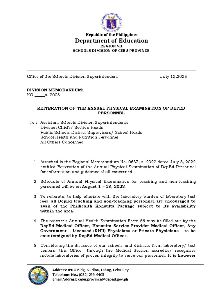 2023 Memo On Annual Physical Examination of DepEd Personnel | PDF ...