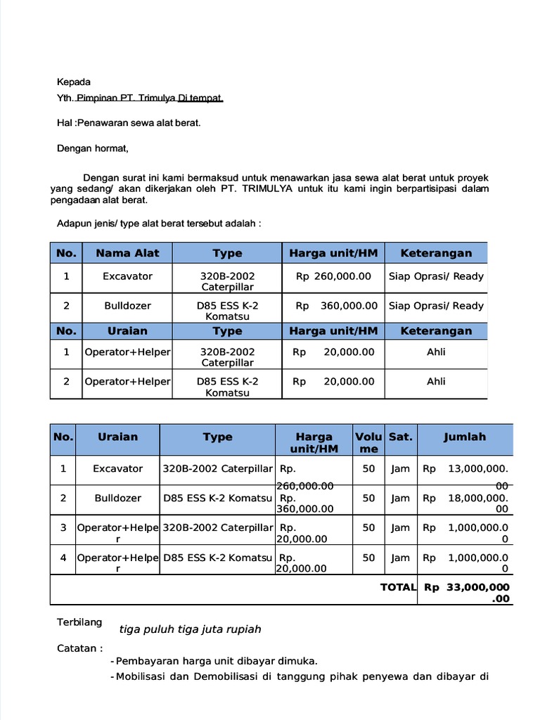 PDF Surat Penawaran Alat Berat - Compress | PDF