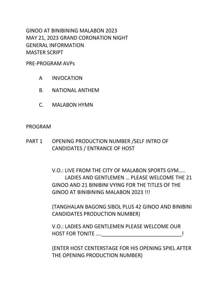 Master Script Ginoo at Binibining Malabon 2023 | PDF | Swimsuit