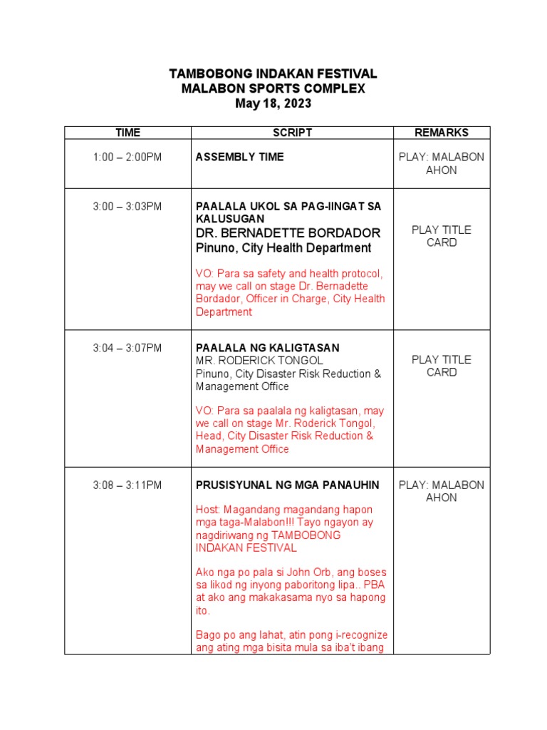Updated Tambobong Indakan Festival Program Flow and Script | PDF