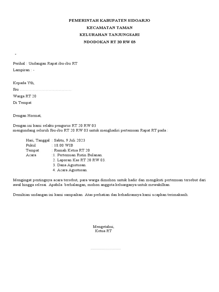 Contoh Surat Undangan Rapat RT Sederhana | PDF