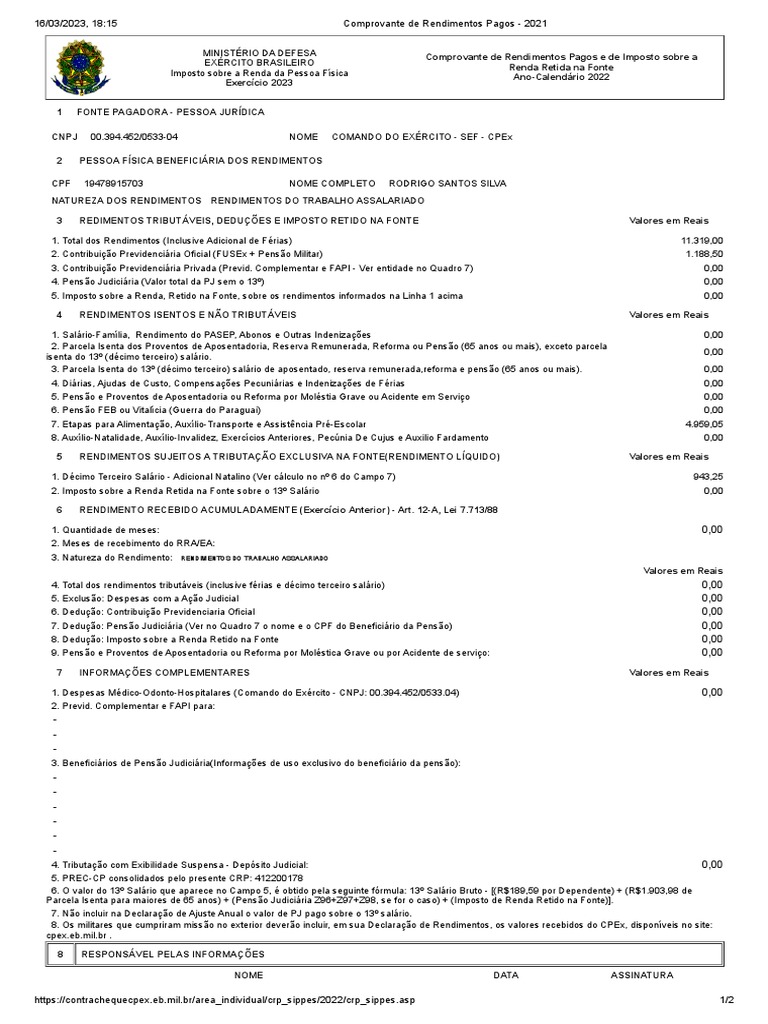 Comprovante de Rendimentos Pagos - 2021 | PDF | Imposto de Renda | Impostos
