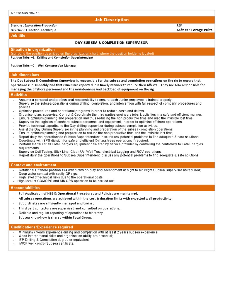 Subsea & Completion Supervisor Role | PDF | Oil Well