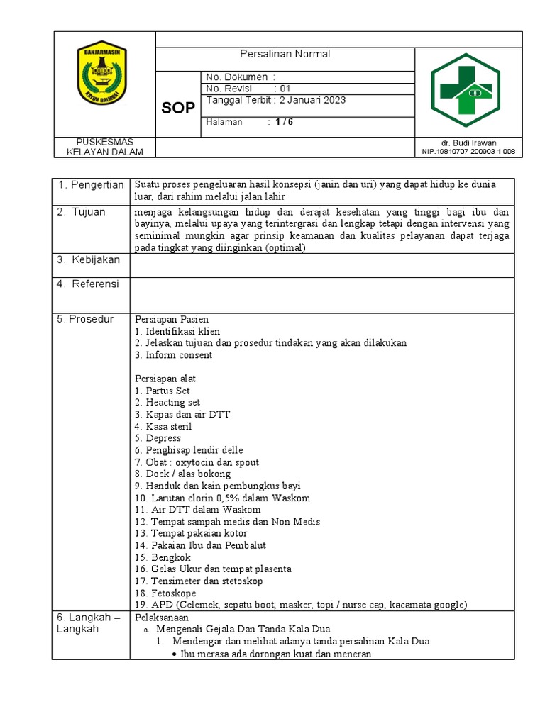 Sop Persalinan Normal | PDF