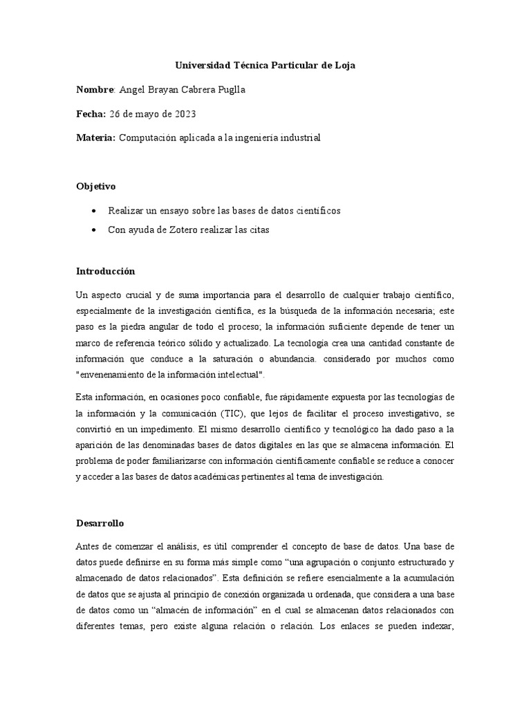 Ensayo Base de Datos Cientificos | PDF | Bases de datos | Información