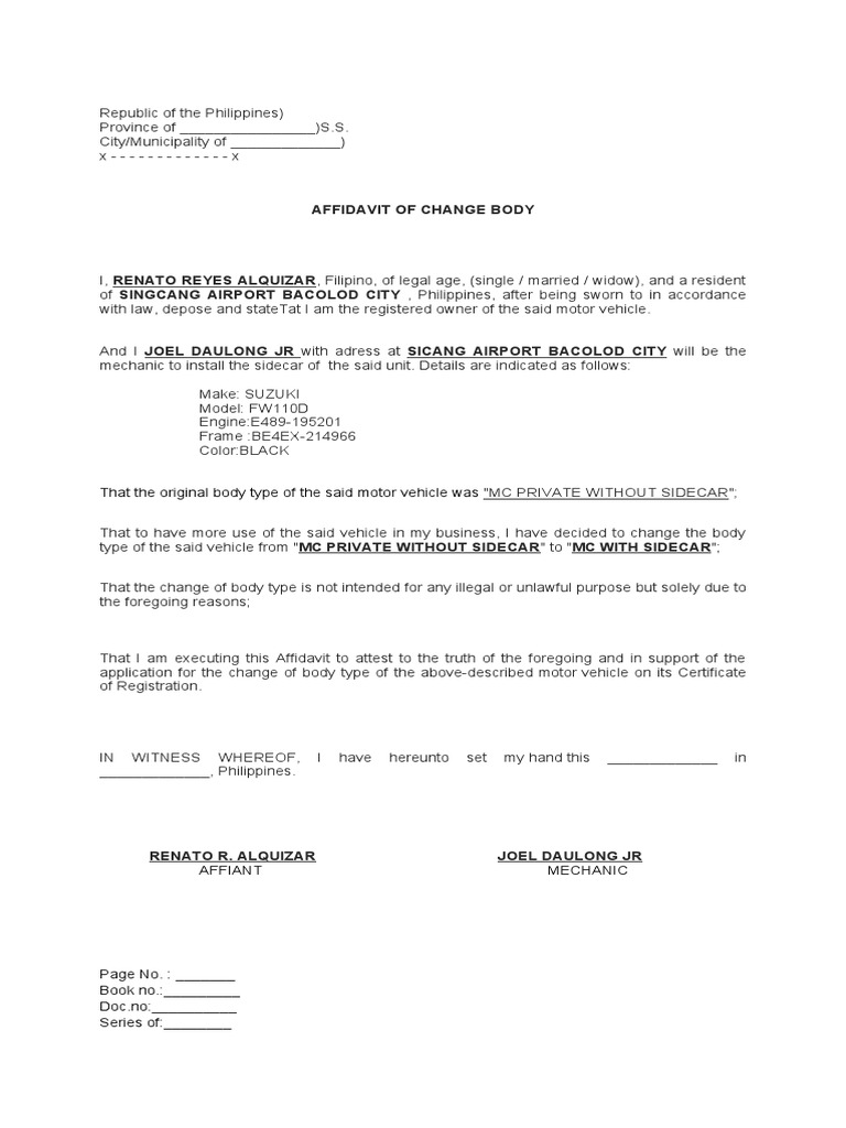 Affidavit for Vehicle Body Change | PDF