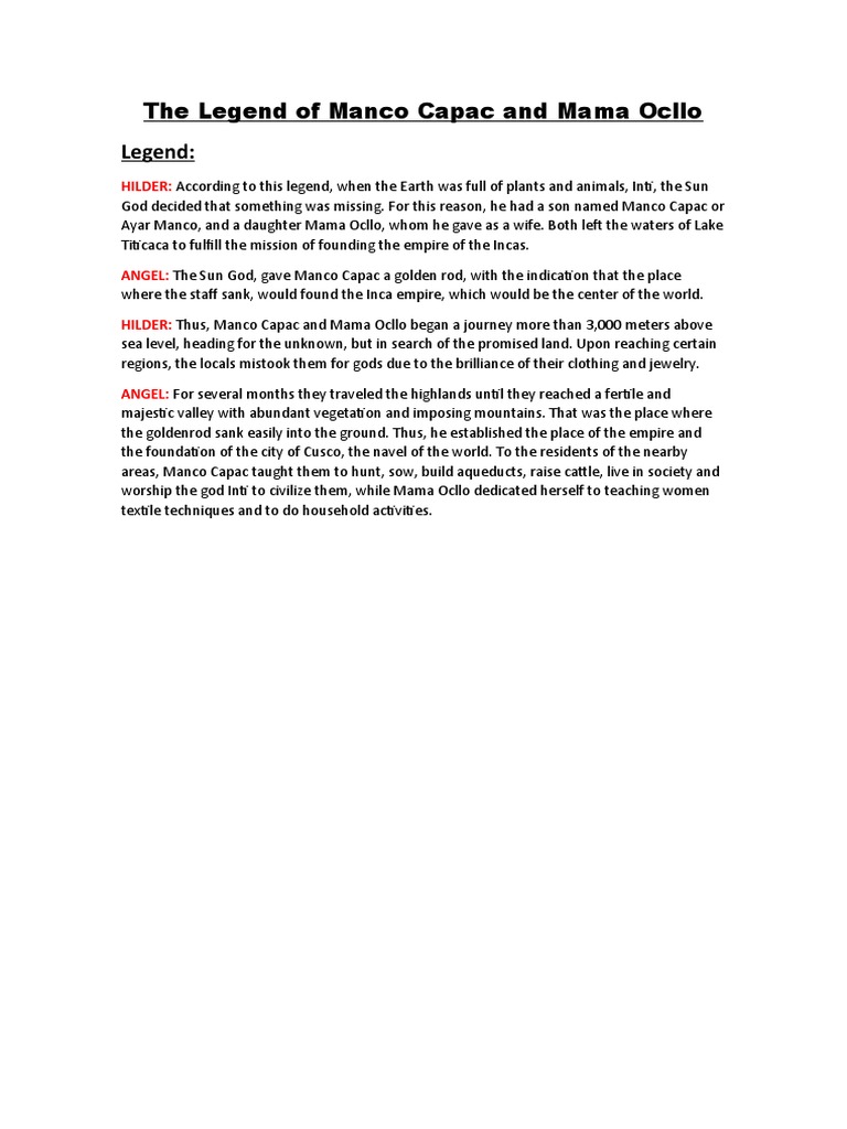 Manco Capac and Mama Ocllo's Legend | PDF