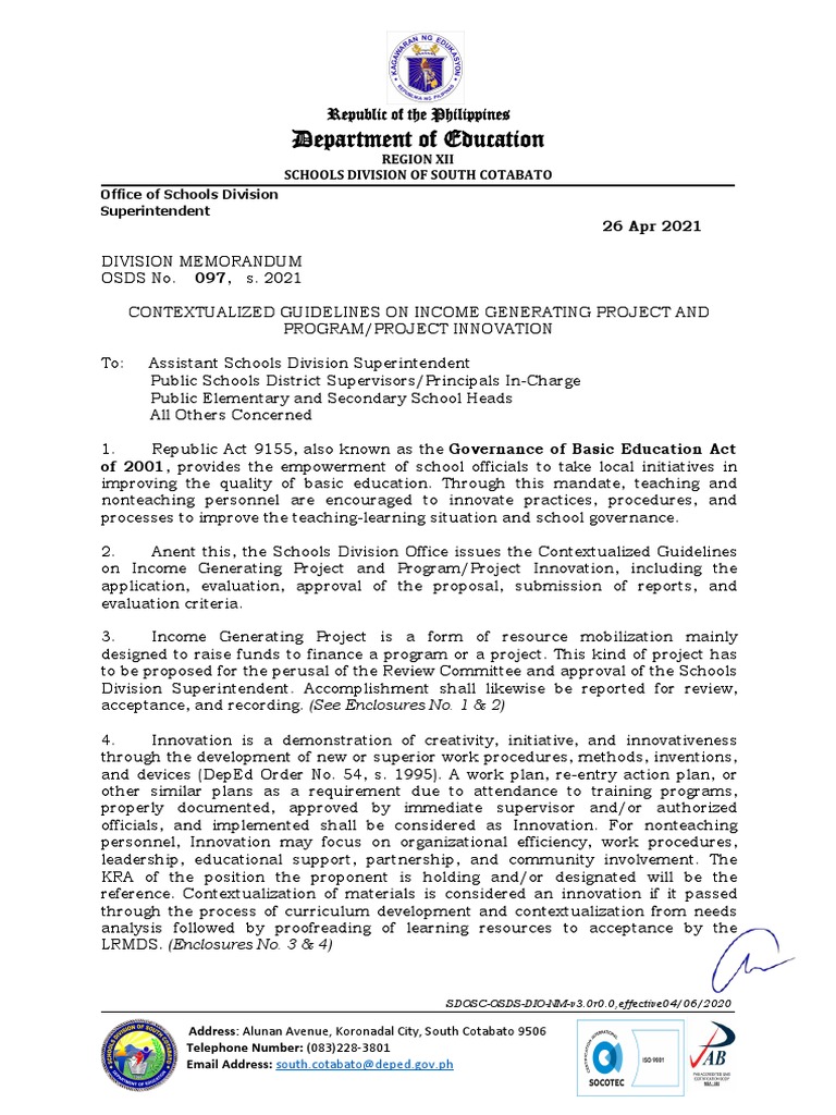 DM Osds No. 097 S. 2021 Contextualized Guidelines On Income Generating ...