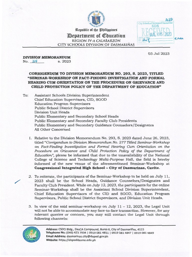 0687 Division Memorandum No. 314 S. 2023 | PDF