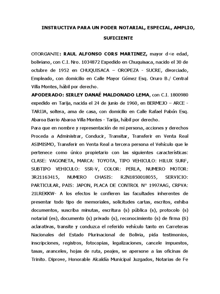 INSTRUCTIVA PARA UN PODER NOTARIAL Raul Cors A Danae Vehiculo | PDF