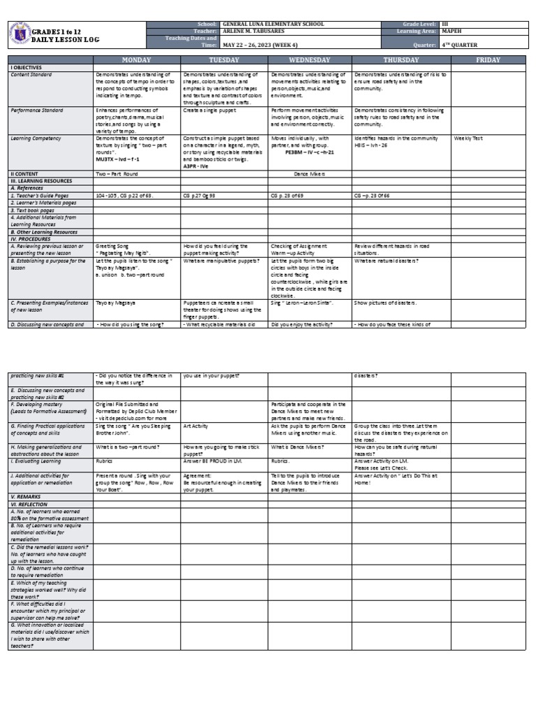 DLL - Mapeh 3 - Q4 - W4 | Download Free PDF | Learning | Human Communication