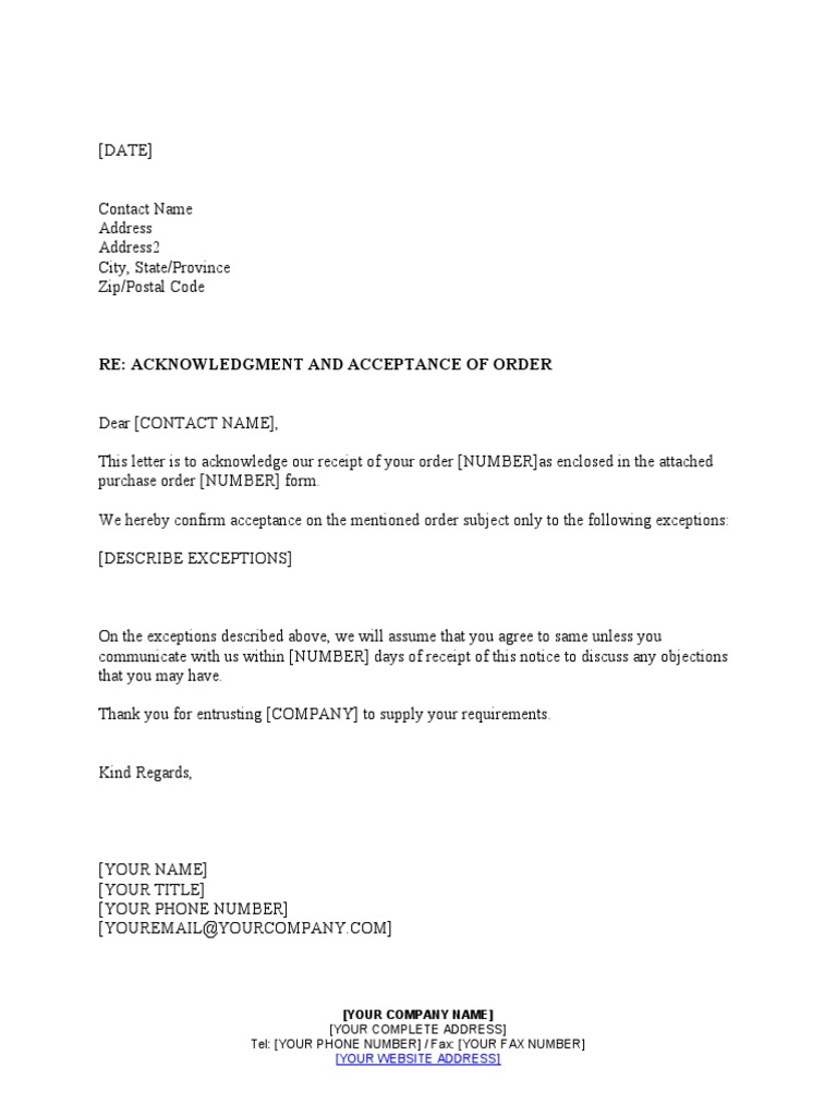 Acknowledgment and Acceptance of Order | PDF