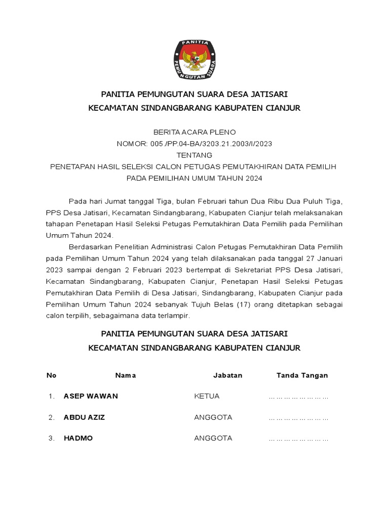 Format BA Hasil Seleksi Pantarlih | PDF