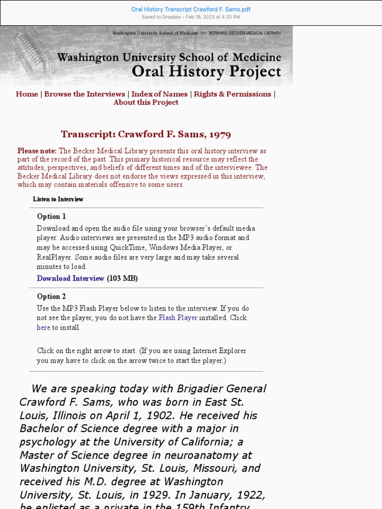 Crawford Sams Oral History Transcript | PDF | Cerebrospinal Fluid | Neurosurgery