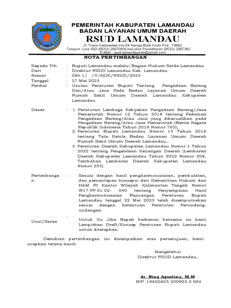 Nota Pertimbangan Pengadaan Jasa RSUD | PDF