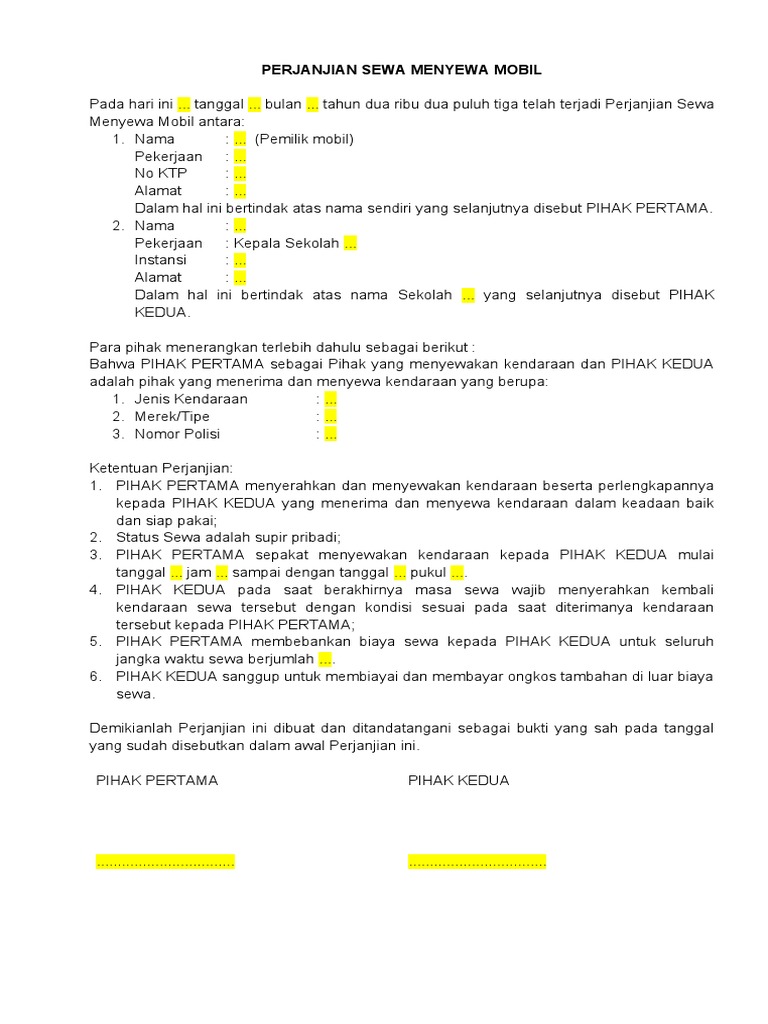 Contoh Surat Perjanjian Sewa Mobil | PDF