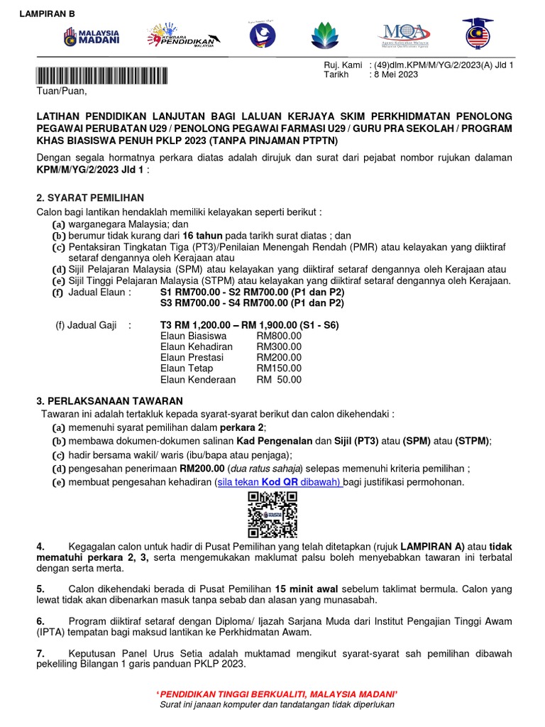 Lampiran B - Surat Tawaran Biasiswa PKLP 2023 | PDF