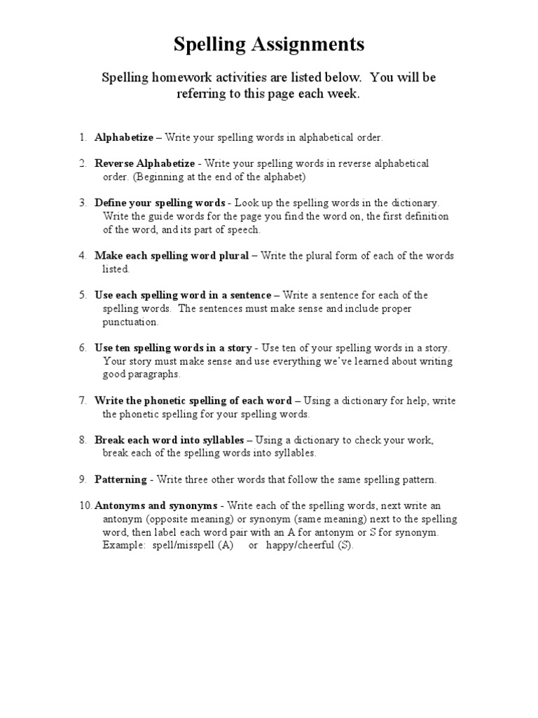 Spelling Assignments | Spelling | Word