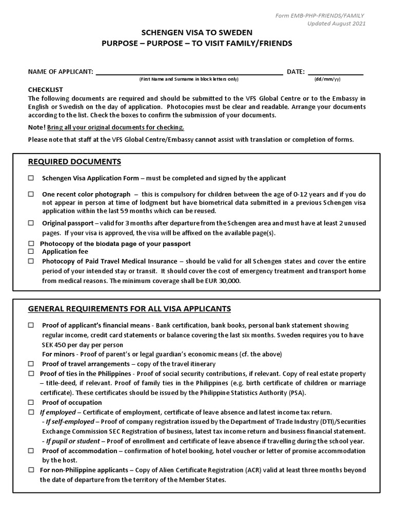 Schengen Visa Form Friend-Family-Visit-Checklist | PDF | Travel Visa ...