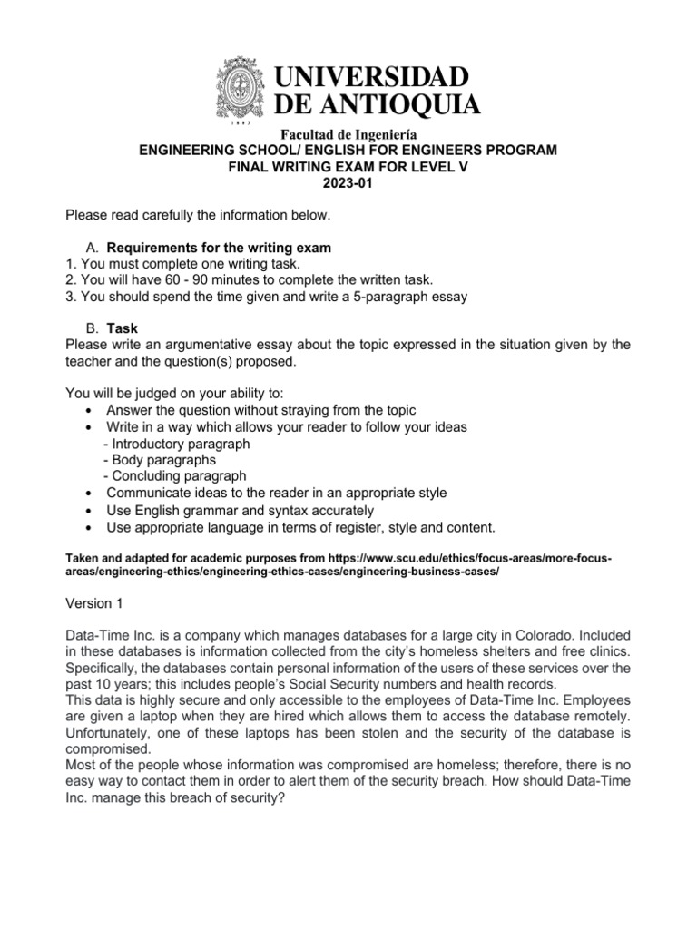 Final Writing Exam - English V | PDF | Databases | English Language