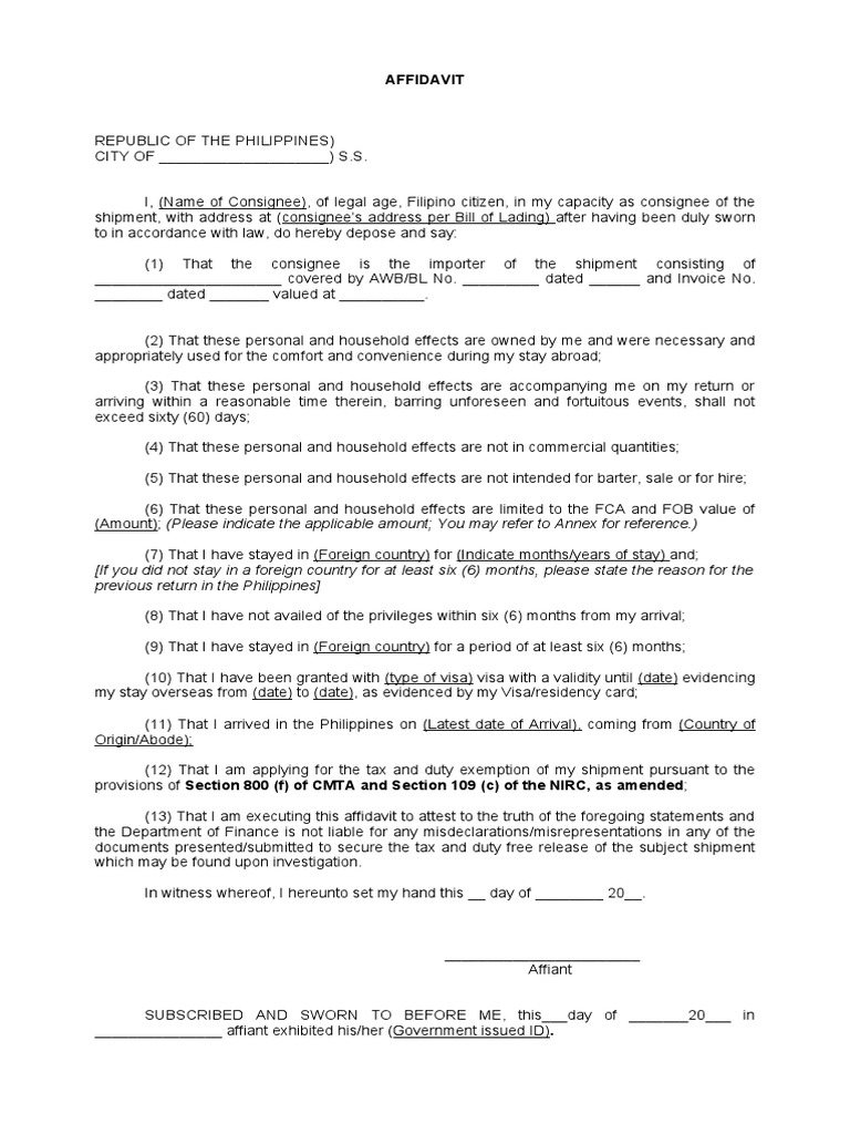 Affidavit Template - Returning Resident or Filipino Balikbayan [Section ...