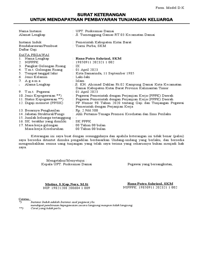 Format Form DK Rano | PDF