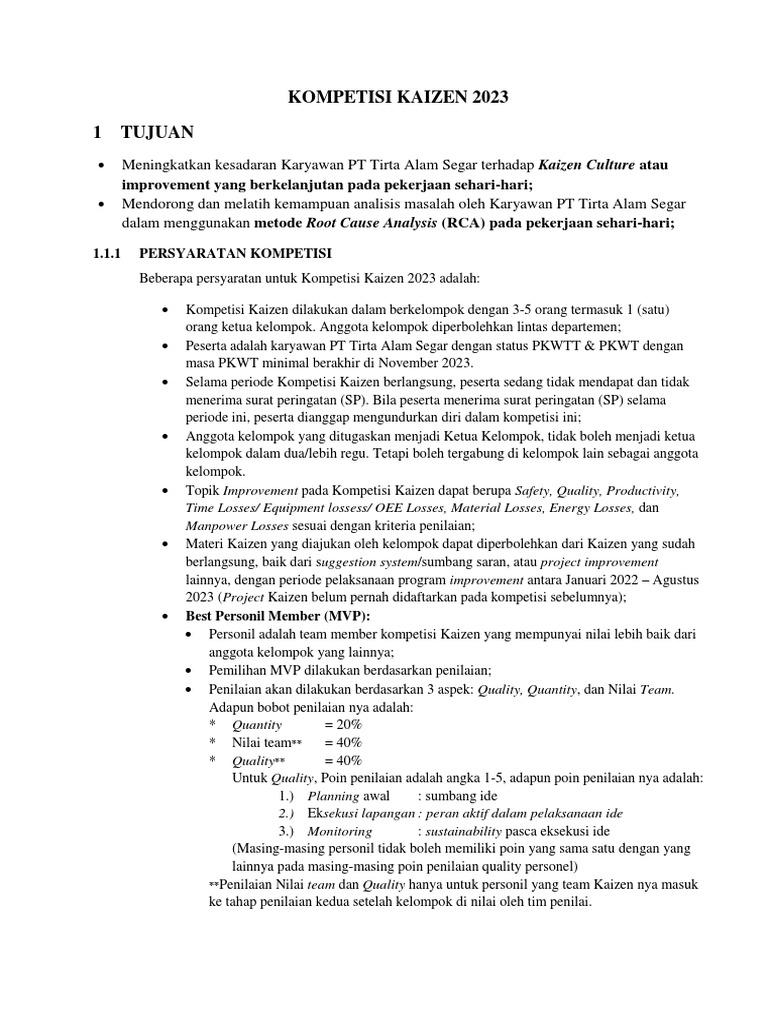 Petunjuk Pelaksanaan Kompetisi Kaizen 2023 | PDF
