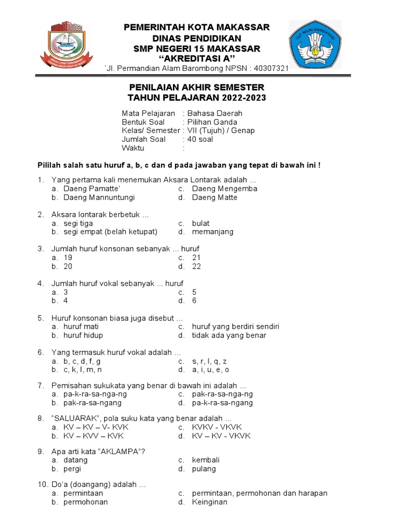 Soal PAS Kls VII 2022-2023 Pilihan Ganda | PDF | Kajian Bahasa Asing
