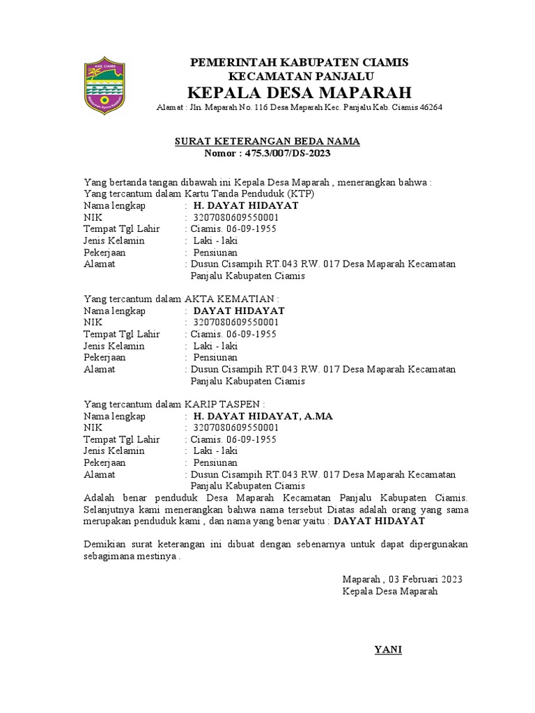 Surat Keterangan Beda Nama Ciamis | PDF