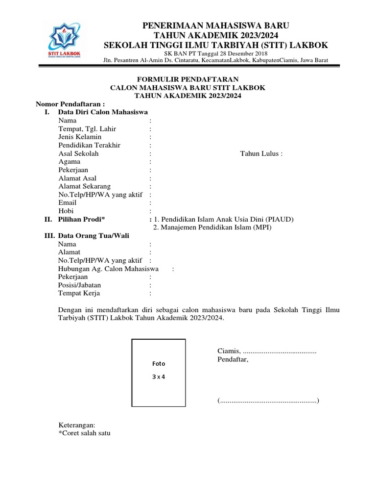 Formulir Pendaftaran Stit Lakbok-2023 | PDF