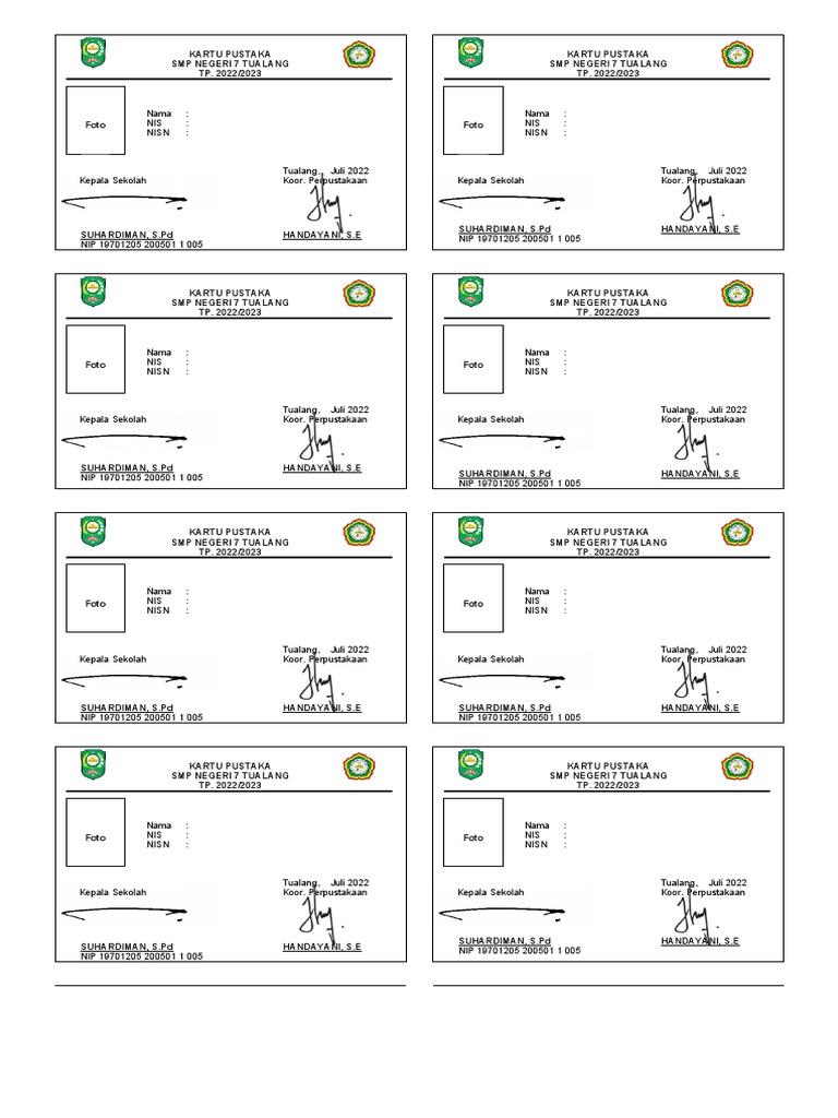 Kartu Pustaka SMP Negeri 7 Tualang | PDF
