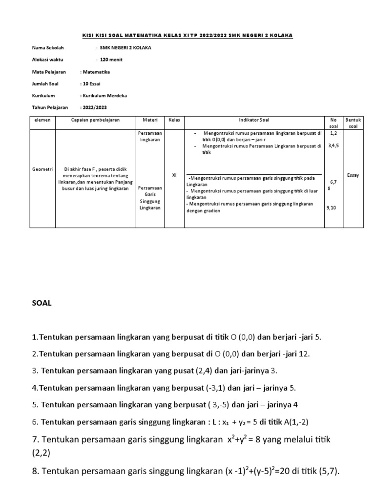 KISI KISI SOAL MATEMATIKA KELAS XL TP 2022 | PDF