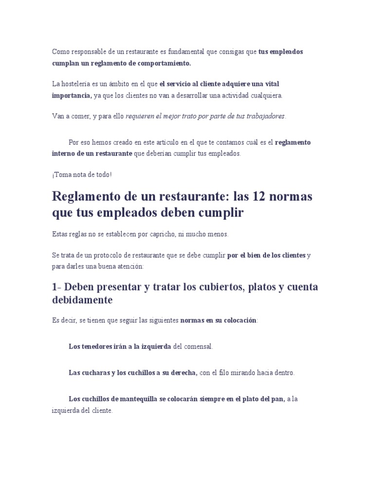 Reglamentos de Restaurantes | PDF | Cuchillería
