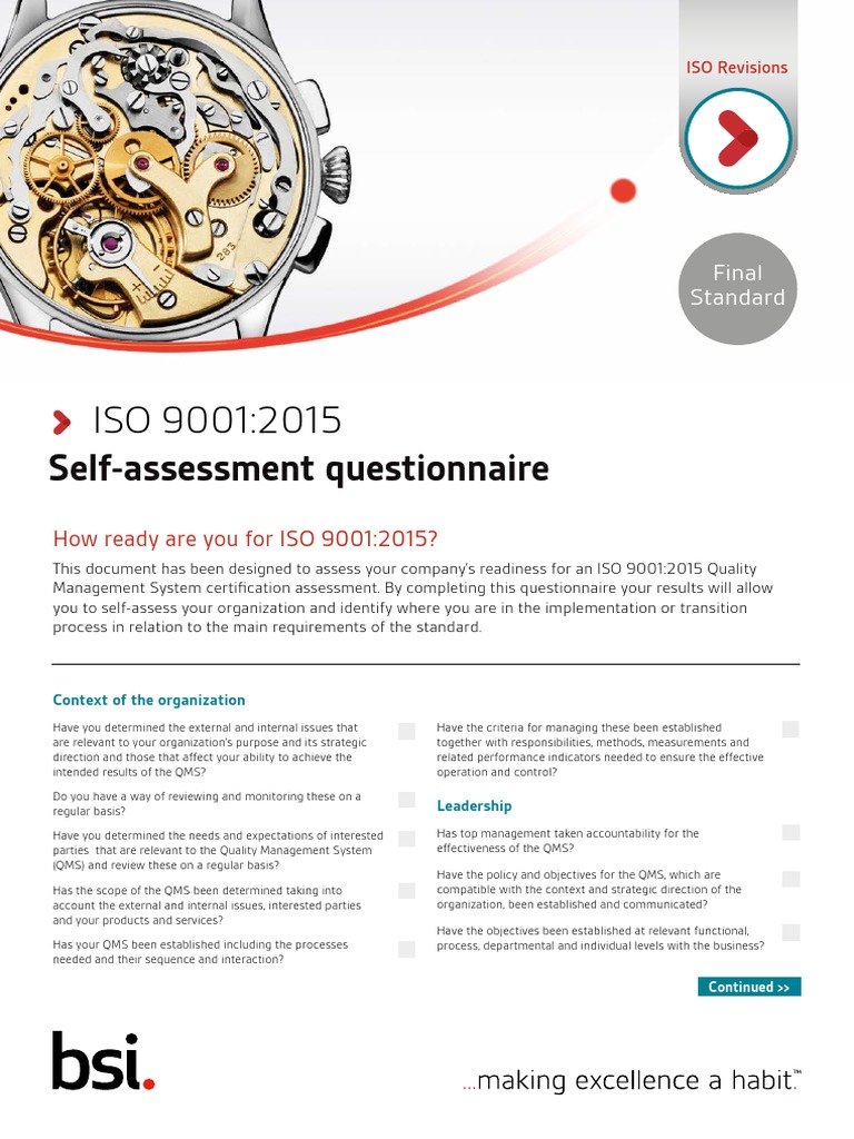 ISO 9001 Self Assessment Final Standard FINAL Sept 2015 | PDF | Quality ...