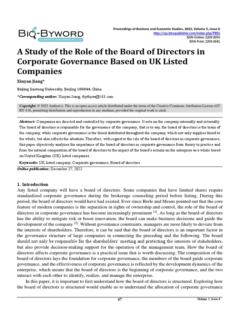 A Study Of The Role Of The Board Of Directors Pdf Corporate
