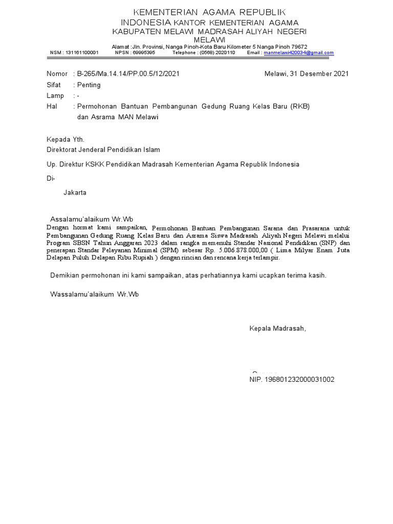 Surat Usulan Permohonan Program SBSN Dari Madrasah 2023 | PDF