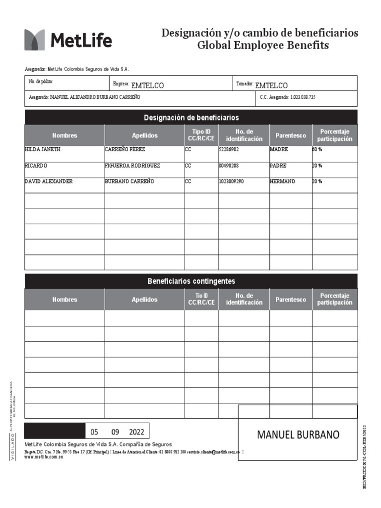 Formato Designacion Beneficiarios | PDF | Sector privado | Finanzas personales