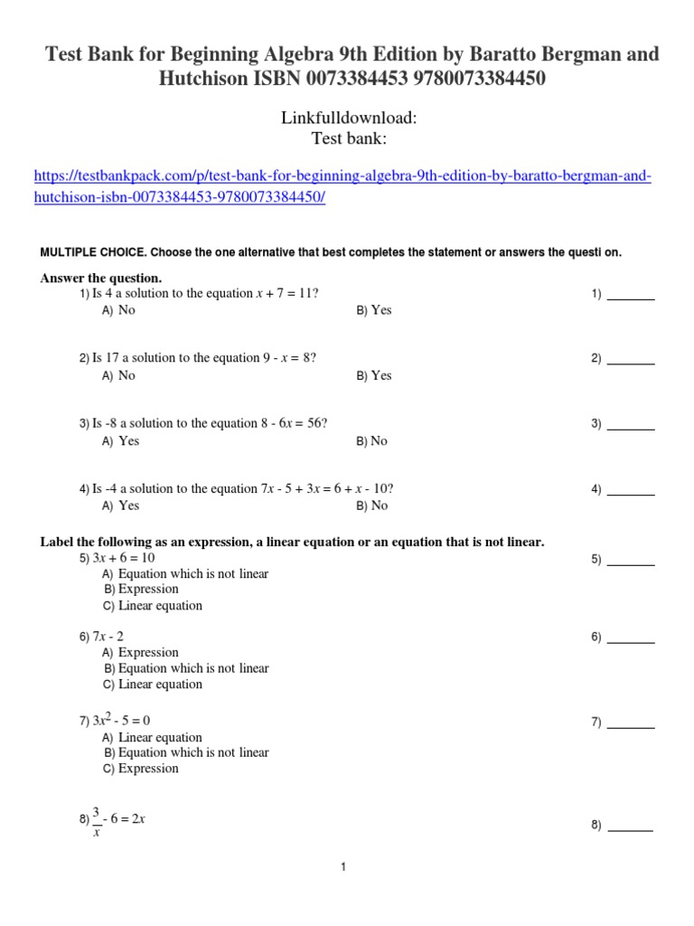 Beginning Algebra 9th Edition by Baratto Bergman and Hutchison ISBN ...