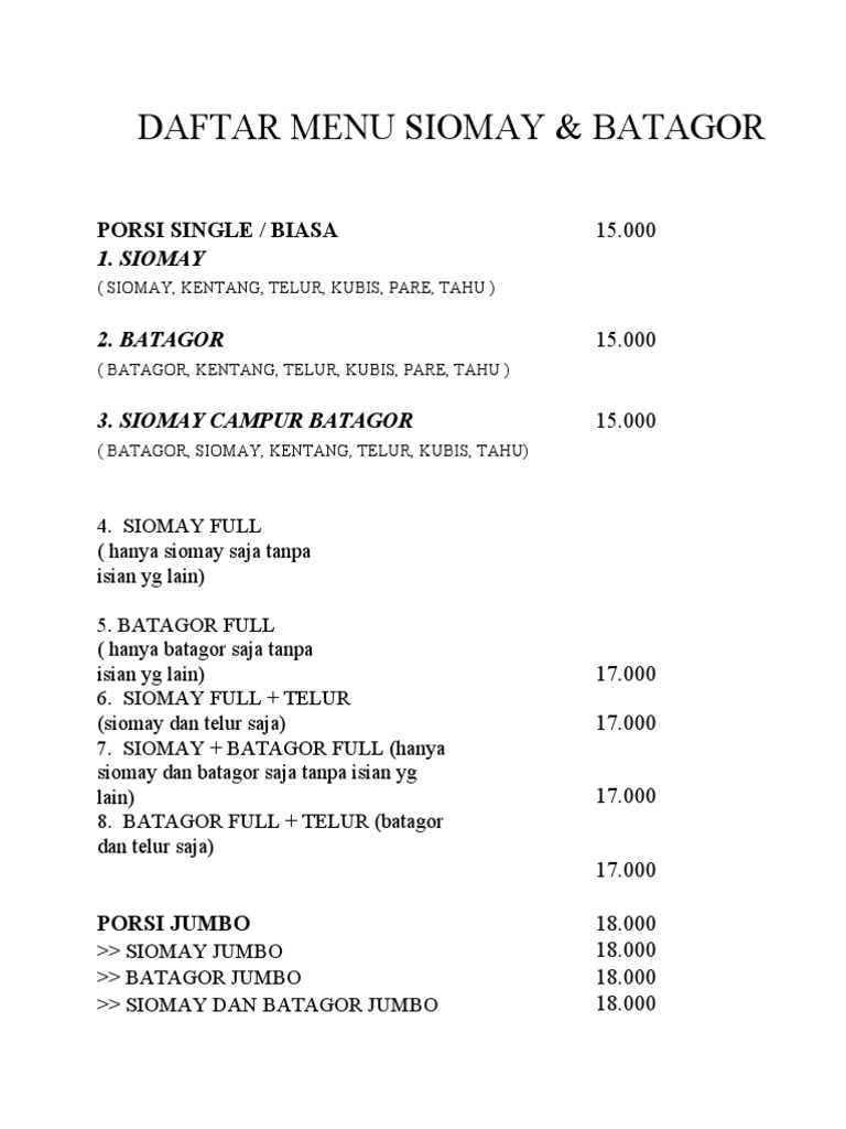 Daftar Menu Siomay | PDF