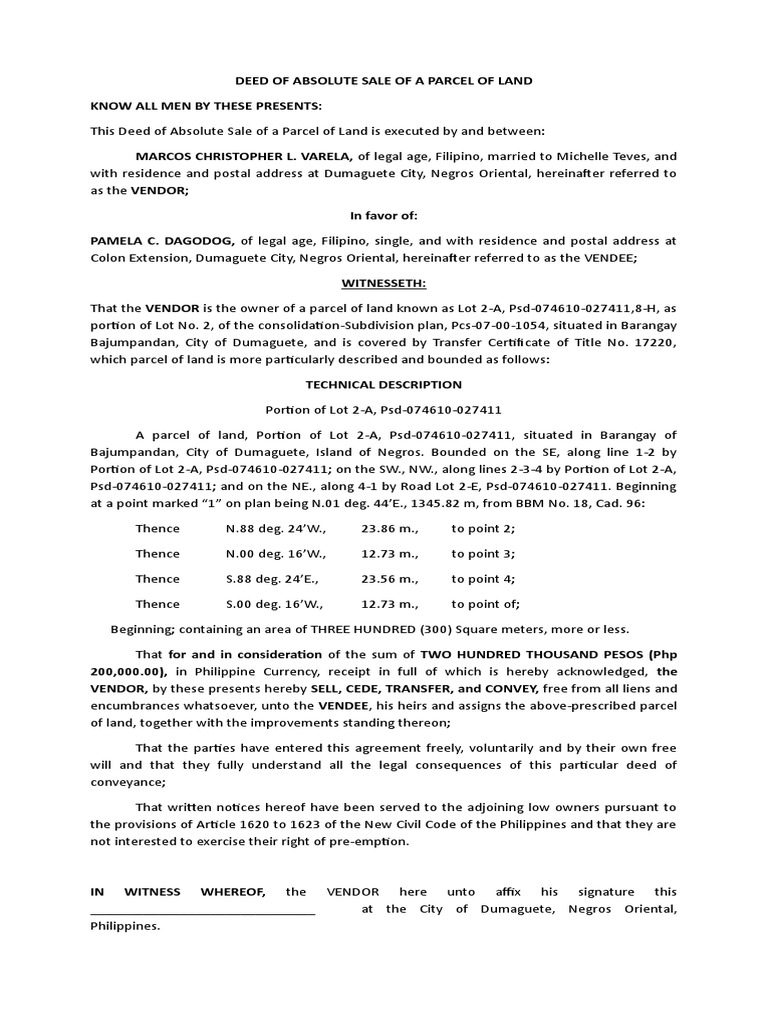Deed of Absolute Sale of A Parcel of Land | PDF | Legal Documents | Justice