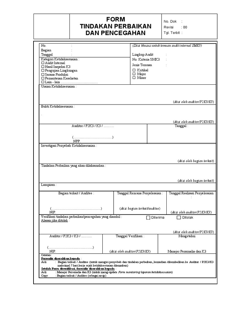 Form Tindakan Perbaikan Audit SMK3 | PDF